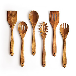 Wooden Spoons for Cooking - 6 Piece Non Stick Wooden Spoon Set - Natural Wood Kitchen Utensils - Wooden Spoons, Spatula Set, Slotted Spoon & Pasta Spoon - Handmade Acacia Wooden Spoon Set