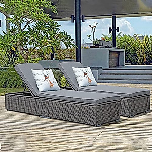 JOIVI Outdoor Chaise Lounge Chair, Patio Pool Lounge Chairs for Outside, Rattan Reclining Chaise Lounger with Adjustable Backrest and Removable Cushion, Gray PE Wicker (Set of 2)