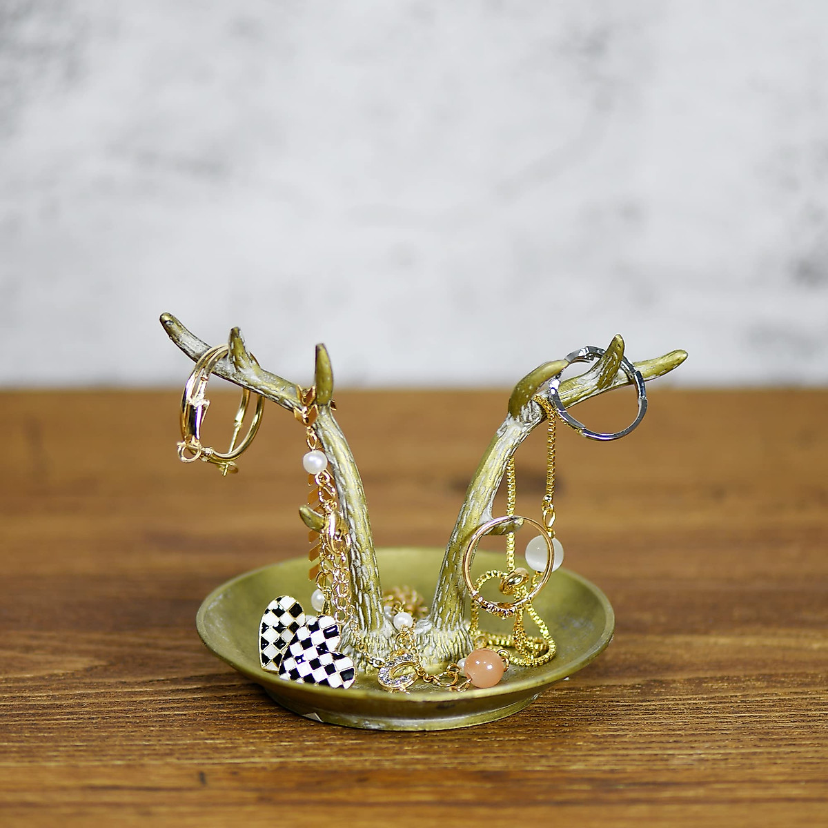 LuHeToz Antique Gold Metal Ring Holder with Antler,Vintage Trinket Dish, Gifts for Women,