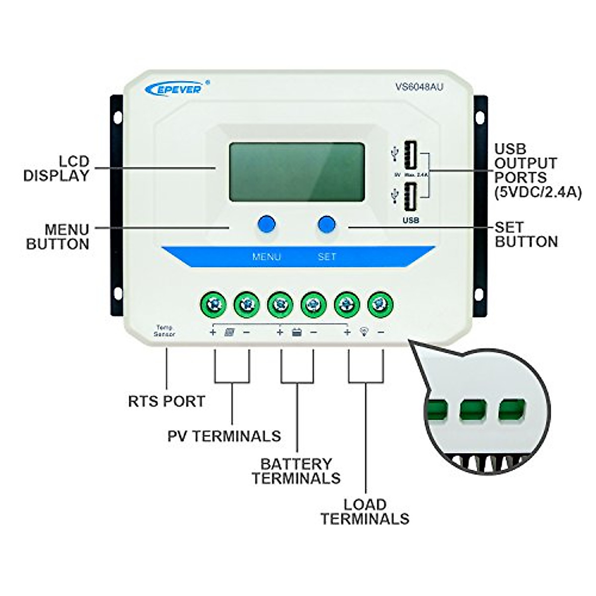 EPEVER Solar Charge Controller 60A 12V/24V/36V/48V Auto with USB Output Light and Time Control LCD Display for Solar Panel Power System (60A, VS6048AU)