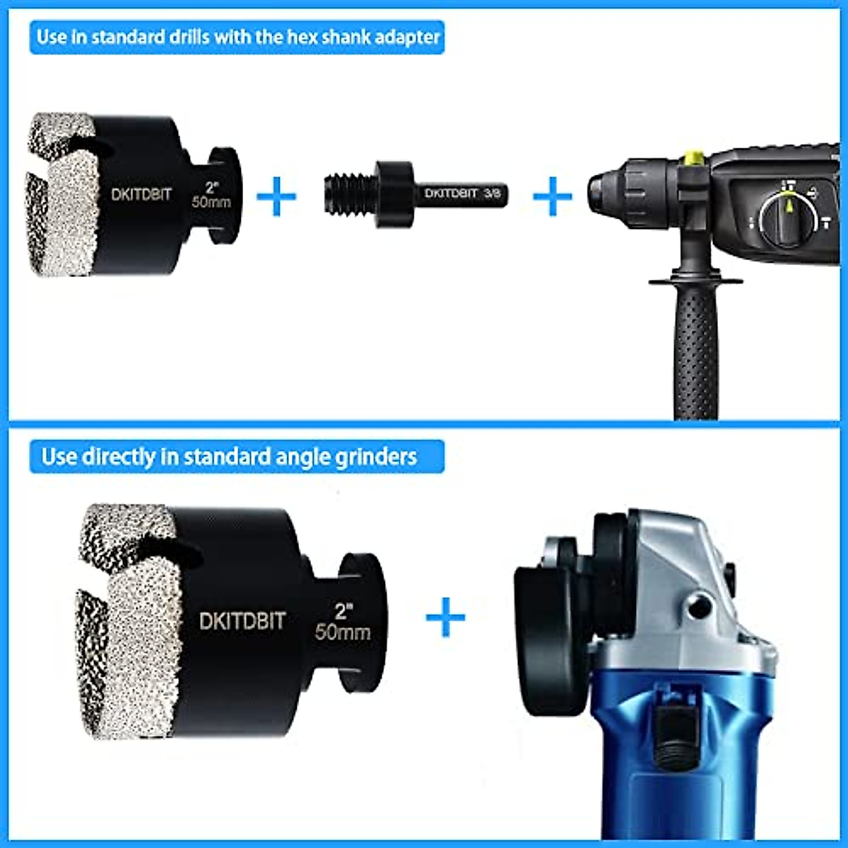 2inch Dry Diamond Hole Saw, 50mm Diamond Drill Bit for Porcelain Granite Tiles Brick Concrete Work with Angle Grinders & Electric Drills