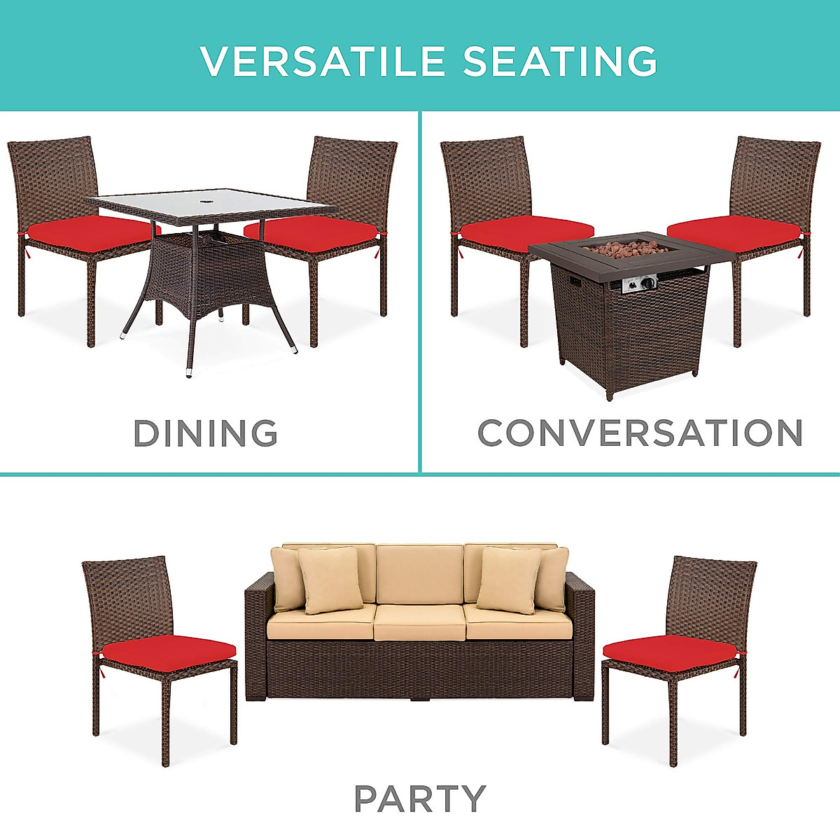 Best Choice Products Set of 4 Stackable Outdoor Patio Wicker Chairs w/Cushions, UV-Resistant Finish, and Steel Frame - Brown/Red