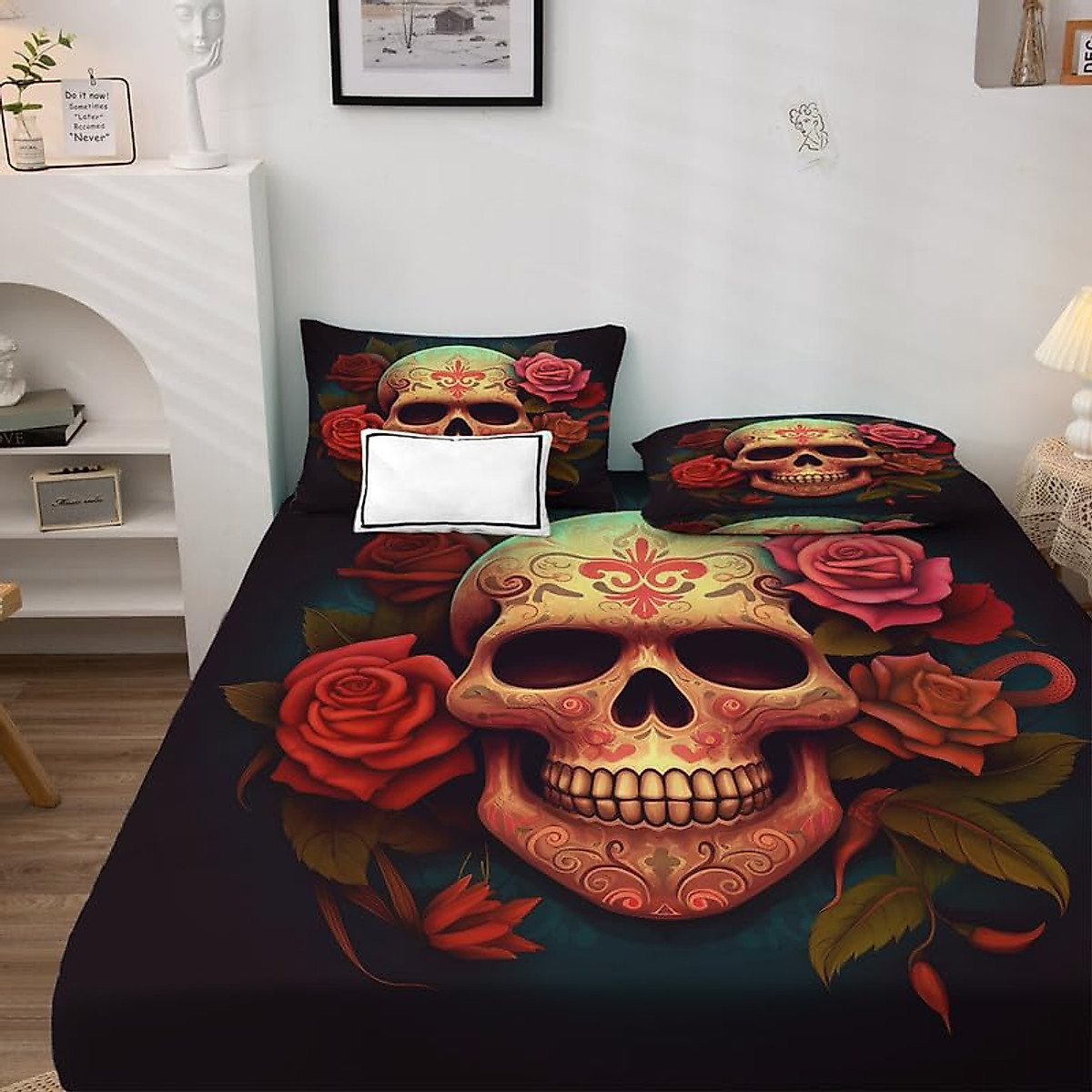 Sugar Skull Sheets Twin Size - Mexican Day of the Dead Bed Sheets, Soft Microfiber & Deep Pocket & Wrinkle Free Patterned Bedding Sheets & Pillowcases, 1 Fitted Sheet, 1 Flat Sheet, 1 Pillow Case