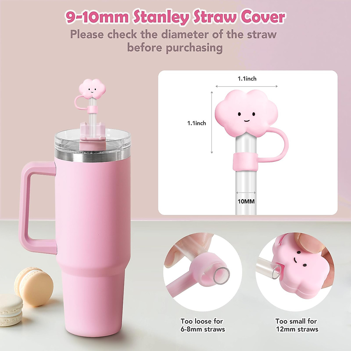 Stanley Straw Cover, 6PCS Silicone Straw Cover Cap for Stanley 40&30 Oz Cup, 10mm 0.4in Leak-Proof Straw Toppers, Cute Stanley Cup Accessories, Straw Cap Stopper for Reusable Straws Tip Lids(Pink)