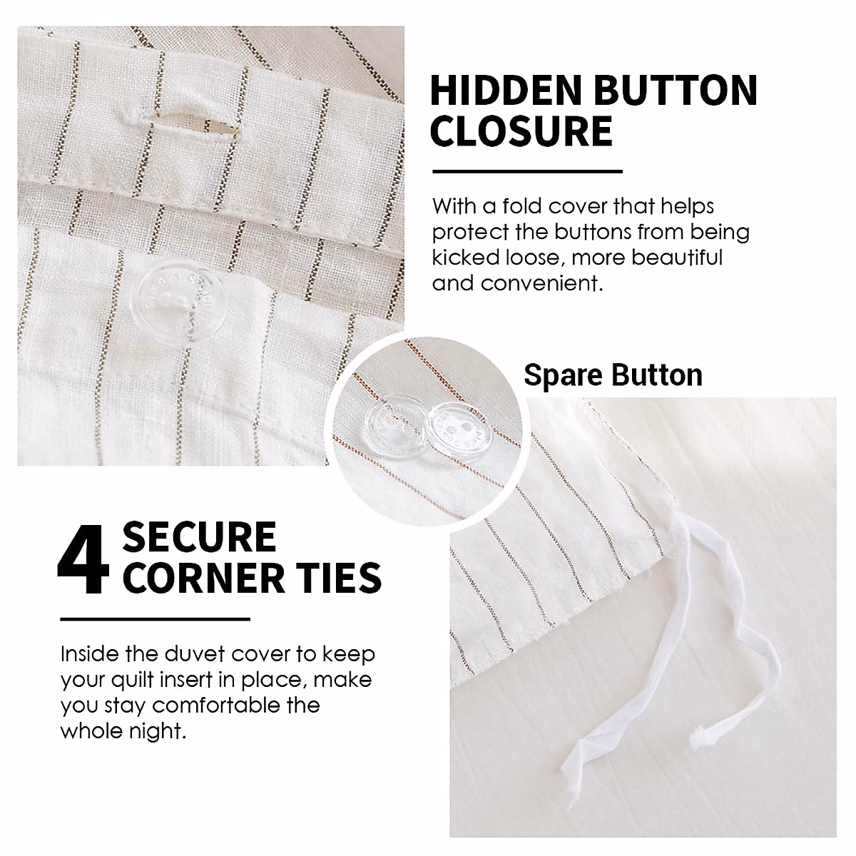 Simple&Opulence 100% Linen Duvet Cover Set 3pcs Yarn Dyed Vertical Pinstripe Ticking Pattern Natural French Washed Flax Breathable Farmhouse Bedding - Grey Stripe, King Size