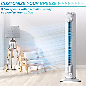 Airvention Tower Fan for Bedroom, Ultra Quiet Breezing, 90° Wide Angle Oscillating Air Circulator, 3 Speed Levels, Small Footprint Design, 32 inch Middle Tower Standing Fan, Space Saving, FZ09, White
