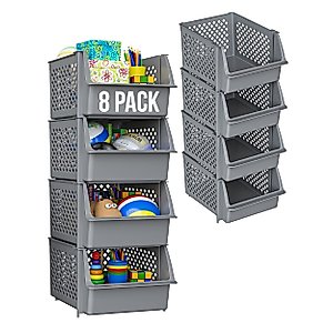Skywin Stackable Storage Bins for Pantry - 8 Pack Stackable Bins For Organizing Food, Kitchen, and Bathroom Essentials (Grey)