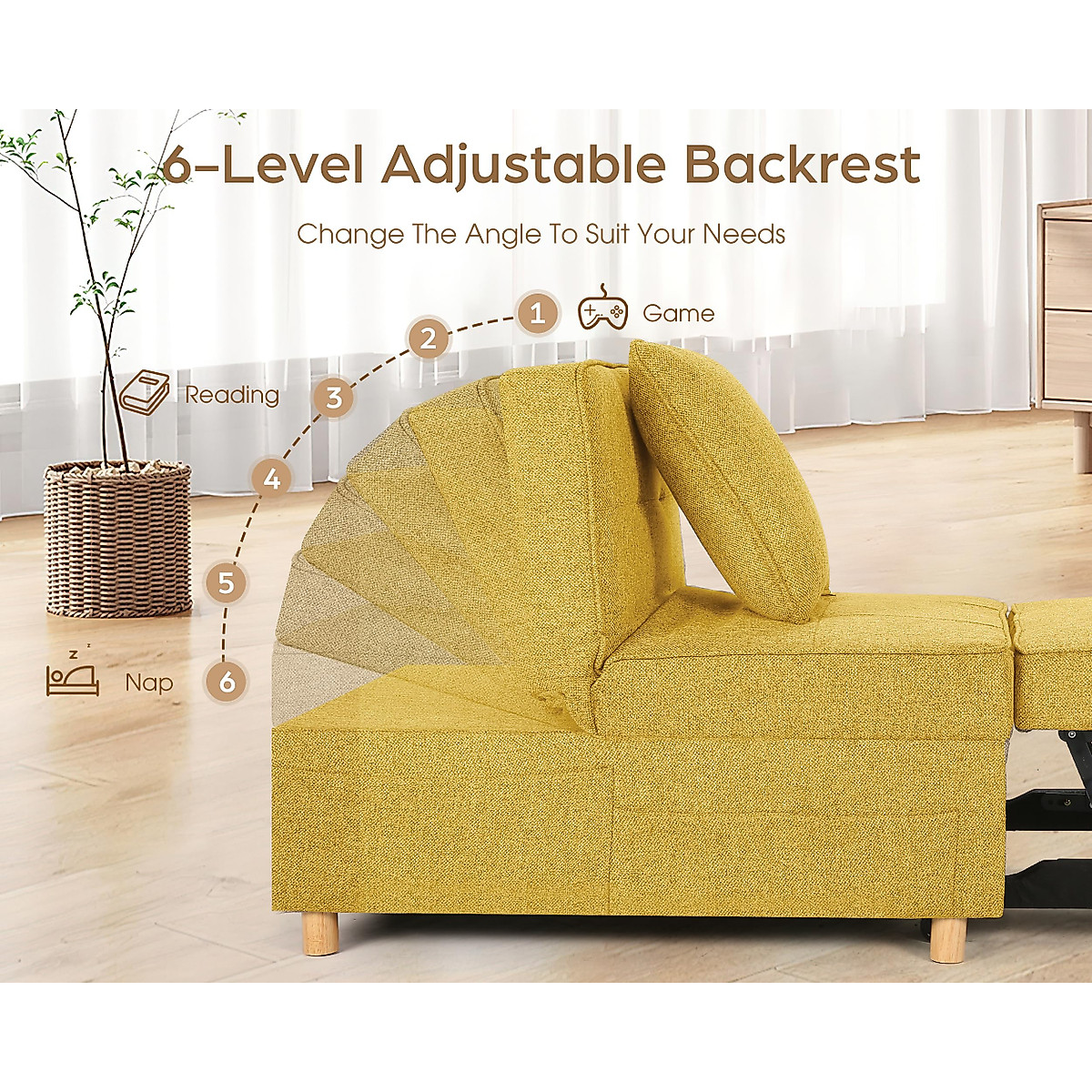 SEJOV Sleeper Sofa Chair Bed,4-in-1 Convertible Sofa Bed Chair with 6 Adjustable Backrest and Pillow, 3-Seat Pull Out Sleeper Chair Linen No Backrest for Bedroom Small Space Living Room, Yellow