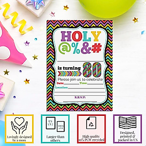 HOLY @% 80th Birthday Party Invitations, 20 Funny 5x7 Fill In Cards with Twenty White Envelopes for Milestone Birthdays by AmandaCreation