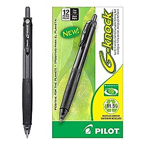 PILOT G-Knock BeGreen Refillable & Retractable Gel Ink Pens, Fine Point, Black Ink, 12-Pack (31506)