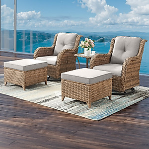 Rilyson Patio Furniture Swivel Chairs Set - 5 Piece Rattan Wicker Outdoor Sectional Conversation Sets with 2 Swivel Rocking Chairs,2 Ottomans and 1 Side Table for Porch Deck Garden(Yellow/Beige)