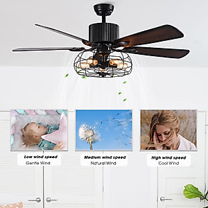 APBEAMLighting Industrial Caged Ceiling Fan Light with Remote Control 52 Inch Vintage Ceiling Fan Light Farmhouse Black Retro Indoor Fandelier with 5 Reversible Wood Blades for Living Room Bedroom