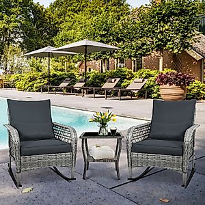 CIRMUBUY 3-Piece Outdoor Furniture Set, Patio Conversation Chair, Wicker Cushioned Patio Rocker with Side Table for Porch, Garden, Poolside & Deck, Dark Grey