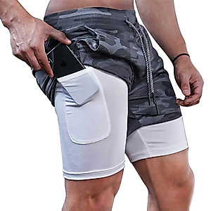 Surenow Mens Running Shorts，Workout Running Shorts for Men，2-in-1 Stealth Shorts，7-Inch Gym Yoga Outdoor Sports Shorts Camouflage Grey