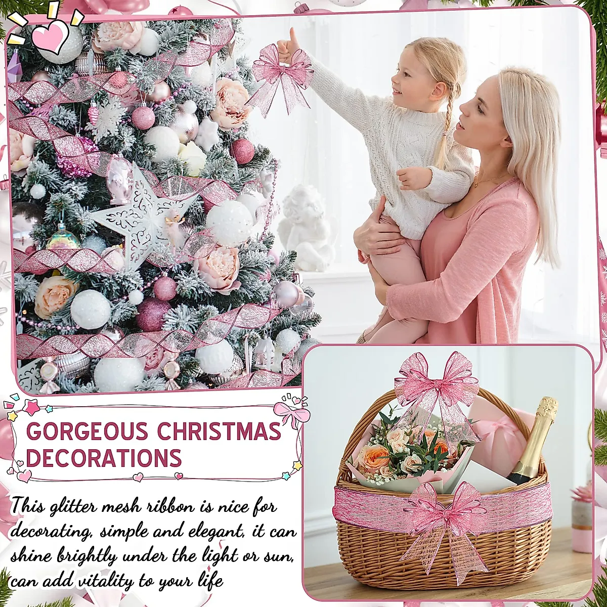 MTLEE 2 Rolls 20 Yards Valentine Ribbon Wired Pink Metallic Glitter Lace Ribbon for Xmas Crafts Floral Bow Making DIY Gift Wrapping Wedding Party Decor(2.5 Inch)