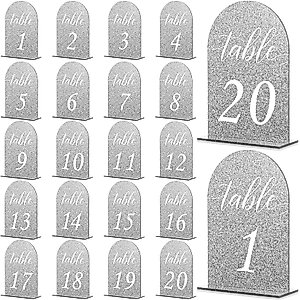 Geetery 20 Pcs Bling Table Numbers 1-20, Acrylic Wedding Table Number with Stands, 5 x 7 Inch Table Number Holders, Glitter Table Sign Numbers for Wedding Reception, Event, Party (Silver)