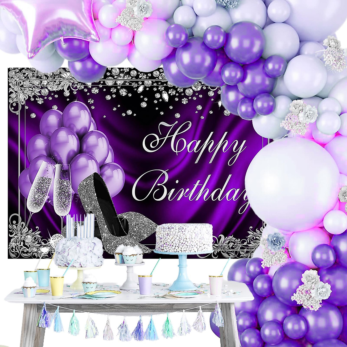 Mocsicka Purple Silver Birthday Backdrop for Women 7x5ft Purple Silver High Heels Balloons Birthday Photography Backdrops Sweet 16 Girl Birthday Party Decorations Photo Background
