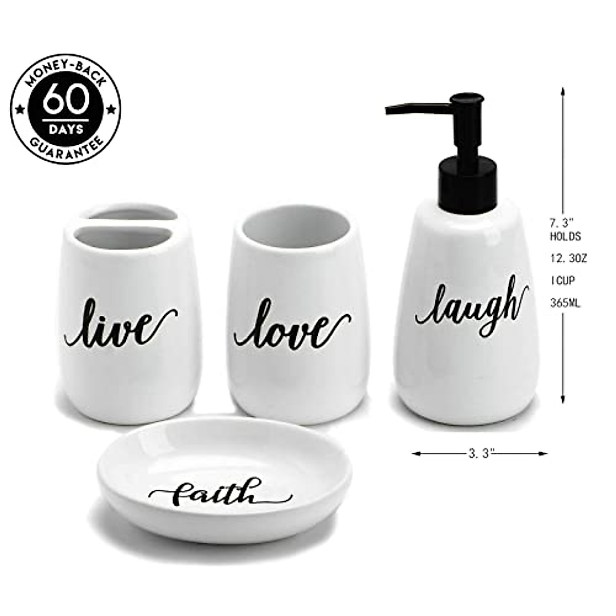 Adavas.Y&G Bathroom Accessory Sets with Sweet Quotes, Durable Ceramic Set W/Toothbrush Holder,Soap Dispenser,Tumbler, Soap Dish,Great for Farmhouse Decor (White 1)
