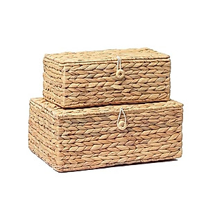 LUSYDECO Set of 2 Rectangular Wicker Storage Bins with Lid, Rattan Basket Decorative Boxes, Multipurpose Organizer Rattan Display Boxes for Shelf Organizer, Boho Rattan Box for Home Decoration