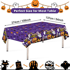 3 Pcs Happy Halloween Tablecloth - Halloween Cute Pumpkin Ghost Plastic Table Cloth Disposable Rectangular Purple Table Covers for Halloween Table Decorations Party Supplies Decor, 108 x 54 Inch