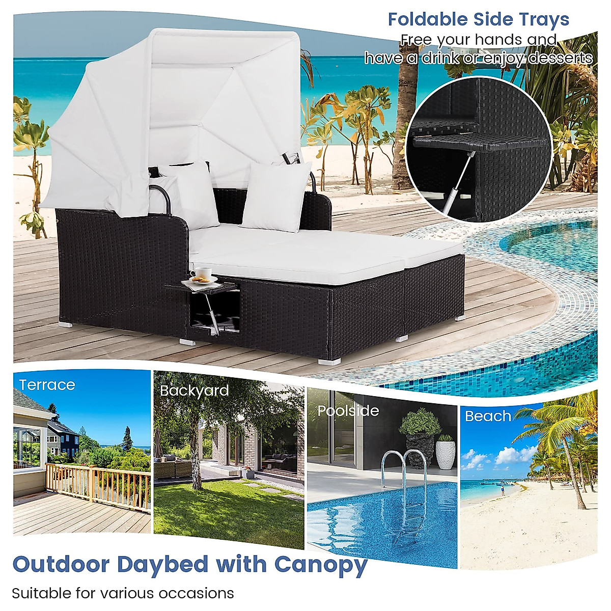 Salches Outdoor Daybed, Patio Daybed with Retractable Canopy, High-Resilient Soft Cushions, Foldable Side Trays, Outdoor Bed Loveseat for Garden, Backyard, Porch (Off White)