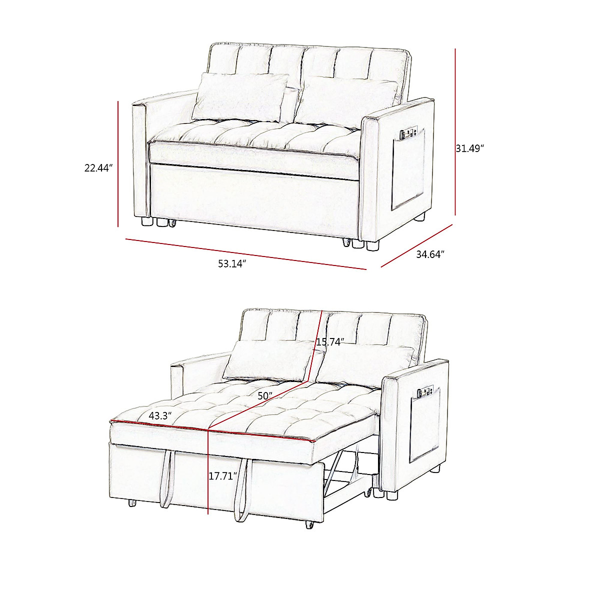 FANYE Modern Convertible Loveseat Sofa W/Pull Out Sleeper Couch Bed, 2 Seater Sofa & Couch W/Adjustable Backrest,Twin Size Velvet Tufted Daybed for Home Apartment Office Living Room