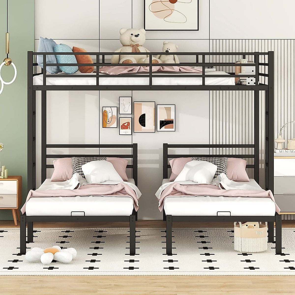 Bellemave Triple Bunk Beds Full Over Two Twin Bed Metal L-Shape3 Frame with Storage Shelf for Three Kids Boys Girls, Black