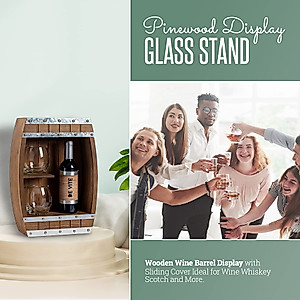 Wooden Wine Barrel Display - Pinewood Display Case with Sliding Cover Ideal for Wine Whiskey Scotch & More - 2 Built-In Shelves for Stemless Wine or Rocks Glasses, A Gift for Wedding or Any Occasion