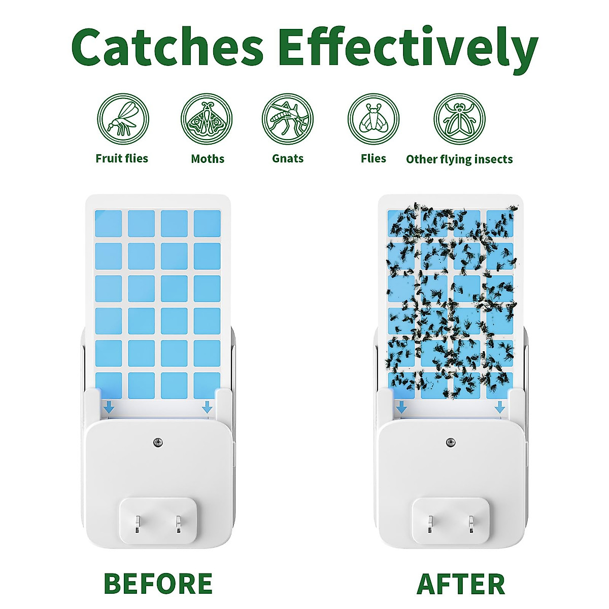 Indoor Plug-in Fly Trap - Flying Insect Trap for Flies, Mosquitoes, Moths - Safe & Effective - 2 Device(White) + 10 Glue Boards