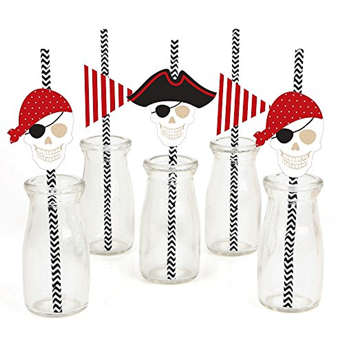 Beware of Pirates Paper Straw Decor - Pirate Birthday Party Striped Decorative Straws - Set of 24