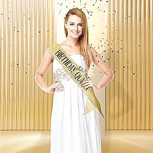 GINZU Birthday Queen Sash and Crystal Tiara Set, Gold Tiara and Crowns for Women Birthday Gift for Girl Kit Decorations Set Rhinestone Hair Accessories Glitter Stain Silk Sash for Party