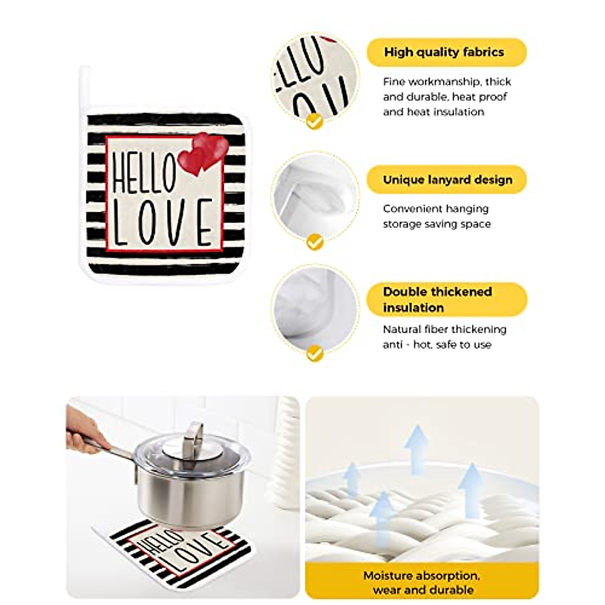 3Pack Pot Holders Cotton Heat Resistant Oven Hot Pads, Valentine's Day Potholder Cloth Potholders for Daily Kitchen Baking and Cooking with Hanging Loops - Hello Love with Black Stripes
