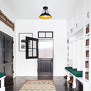 WNOMDY Industrial Metal Semi Flush Mount Ceiling Light Fixture,Farmhouse Lamp Black and Gold Close to Ceiling Light for Hallway Entryway Foyer Kitchen Island Living Room Bedroom,E26,12.6in