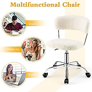 Giantex Home Office Chair, Faux Fur Low Back Swivel Leisure Chair w/Height Adjustable Padded Seat, Rolling Armless Vanity Chair w/Galvanized Steel Frame for Bedroom Study Guest Room, White
