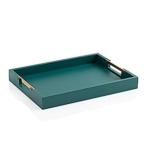 Kanwone Decorative Tray , 13.6"x9.8" Serving Tray, Rectangle Ottoman Tray with Gold Polished Metal Handles, Coffee Table Trays for Living Room Kitchen and Home Decor, Green