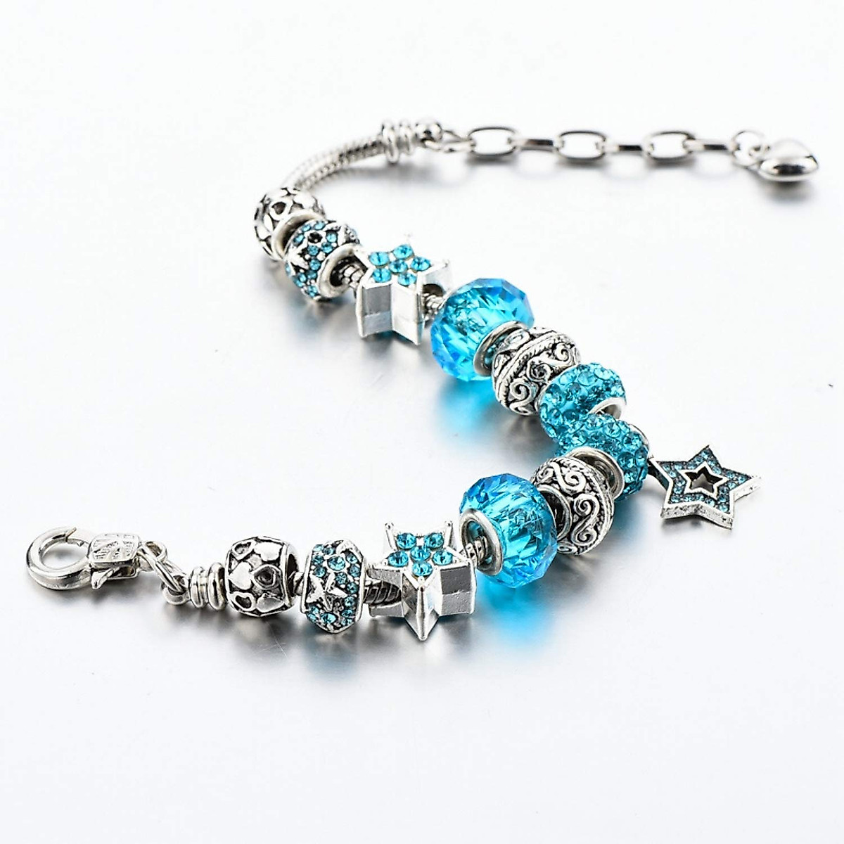 Capital Charms Sky Blue Star Silver Plated Charm Bracelet Set, Jewelry Gifts with Beads, Charms, and Adjustable Snake Chain, Fits 7.5"+1.5" (SkyBlue Star)