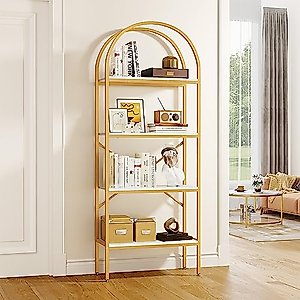 YITAHOME Gold Bookshelf and Bookcase, 71.3” Tall Modern Open Arched Book Shelf, 4-Tier Freestanding Storage Display Rack Shelves for Bedroom,Living Room,Office,Kitchen, White&Gold