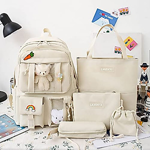 YGYCF Kawaii Backpack 5Pcs Set for Student with Cute Bear Accessories - School Bags for Teen Girls Back to School Supplies Essentials Aesthetic Bookbag, A White