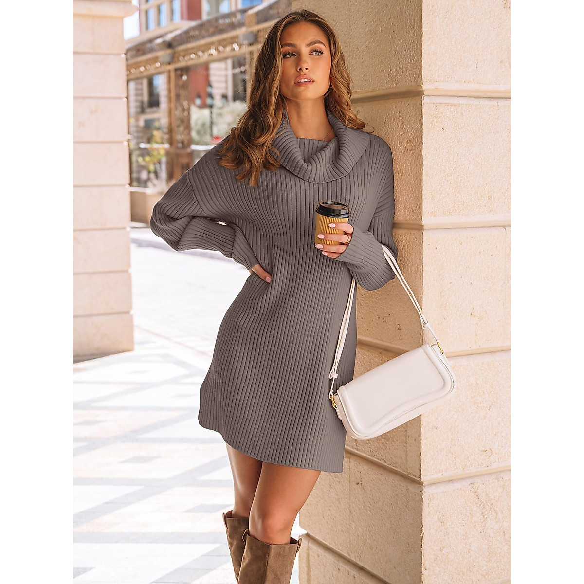 LILLUSORY Womens Turtleneck Oversized Long Sweater Dress 2025 Plus Size Tunic Pullover Knit Fall Dresses Nutmeg M