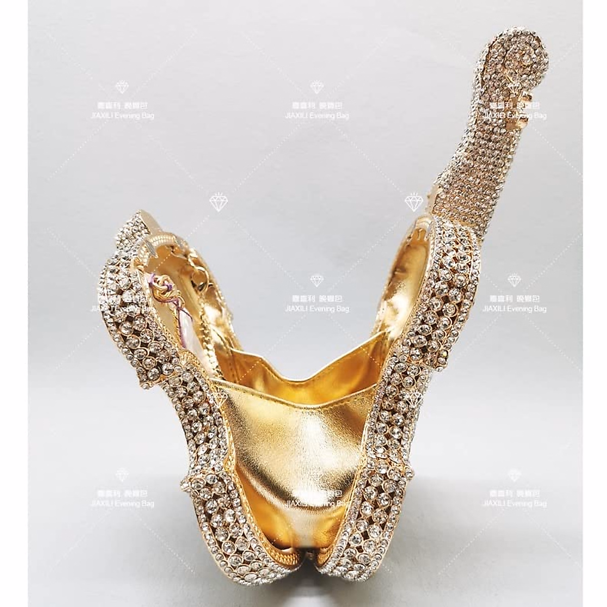 Luxury Glitter Clutch Purse Guitar Crystal Bling Evening Bags for Women Shining Shoulder Bags Crossbody Bags (Light Golden)