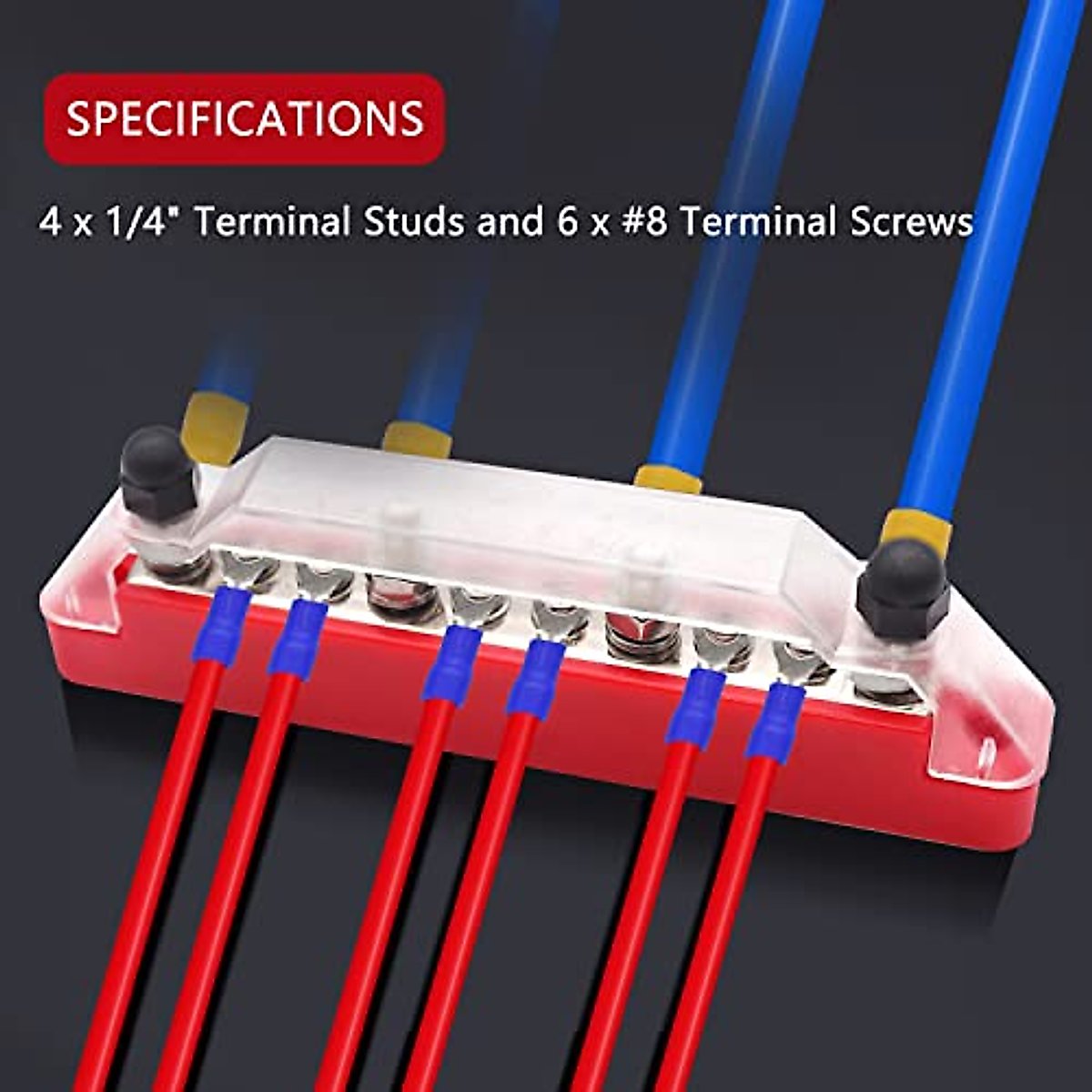 Aienxn Red Battery Bus Bar 4 x M6 Terminal Studs, 6 x M4 Terminal Screws, 12V Power Distribution Block with Ring Terminals for Car, RV, Boat, Marine Q-O-038-10-B-R