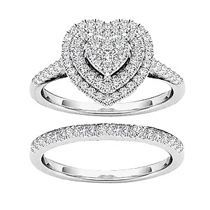 SuanlaTDS 2 Pcs Heart Diamond Engagement Ring Wedding Band for Women Her,Promise Ring Eternity Bands Ring for Anniversary Valentine's Day Birthday Jewelry Gift