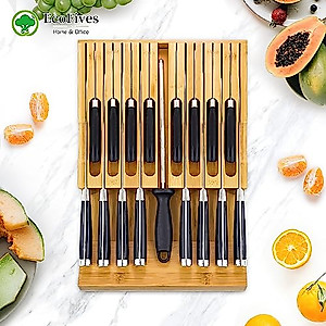 EcoFives In-Drawer Knife Block,Bamboo Knife Drawer Organizer Insert, Kitchen Knife Drawer Storage for 16 Knives a Slot for your Knife Sharpener (Without Knives)