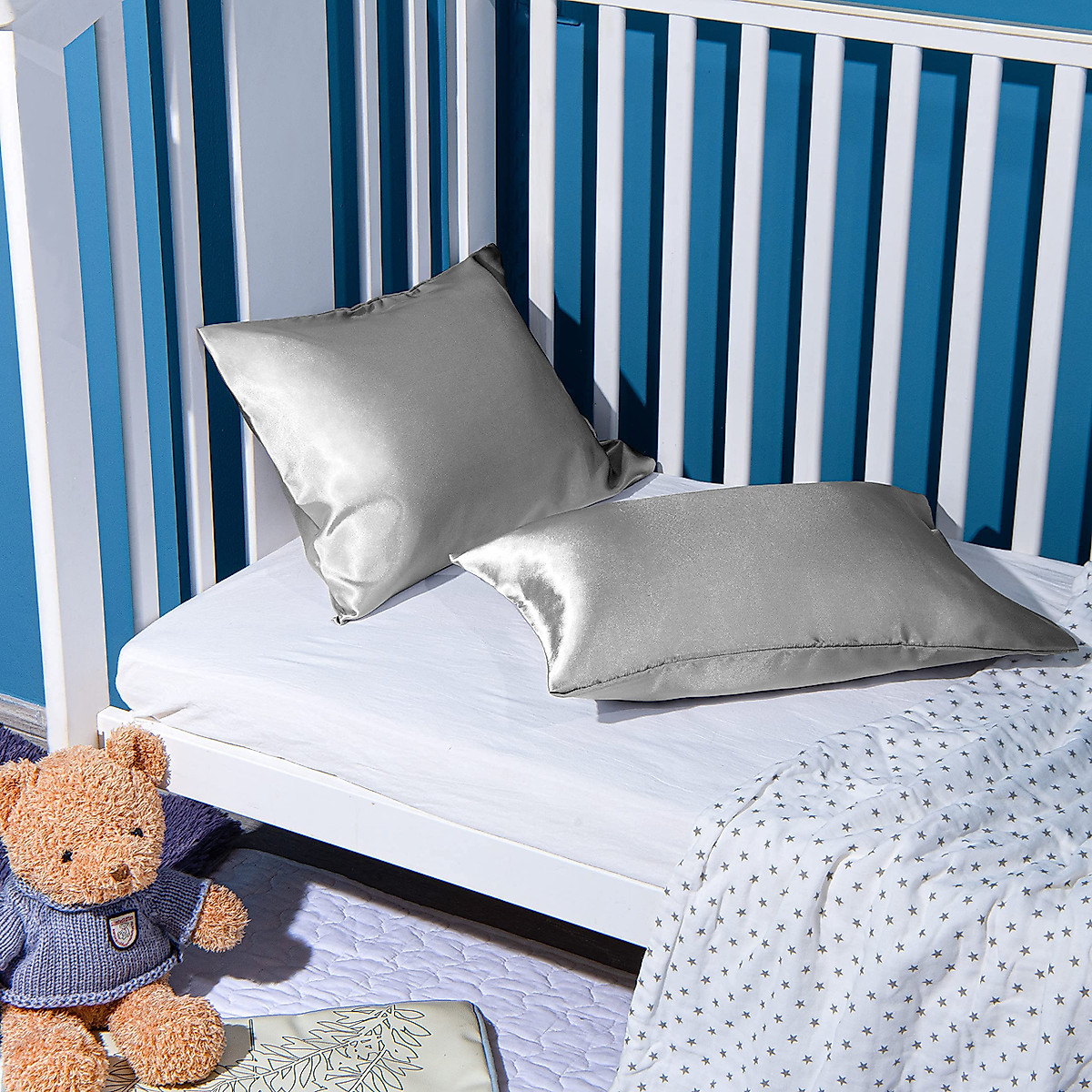 FLXXIE 2 Pack Satin Toddler Pillowcases for Skin and Hair, 14x20 Inches, Silky Soft Envelope Closure Kids Travel Pillow Cases Covers for Boys and Girls, 14x20 Inches, Grey