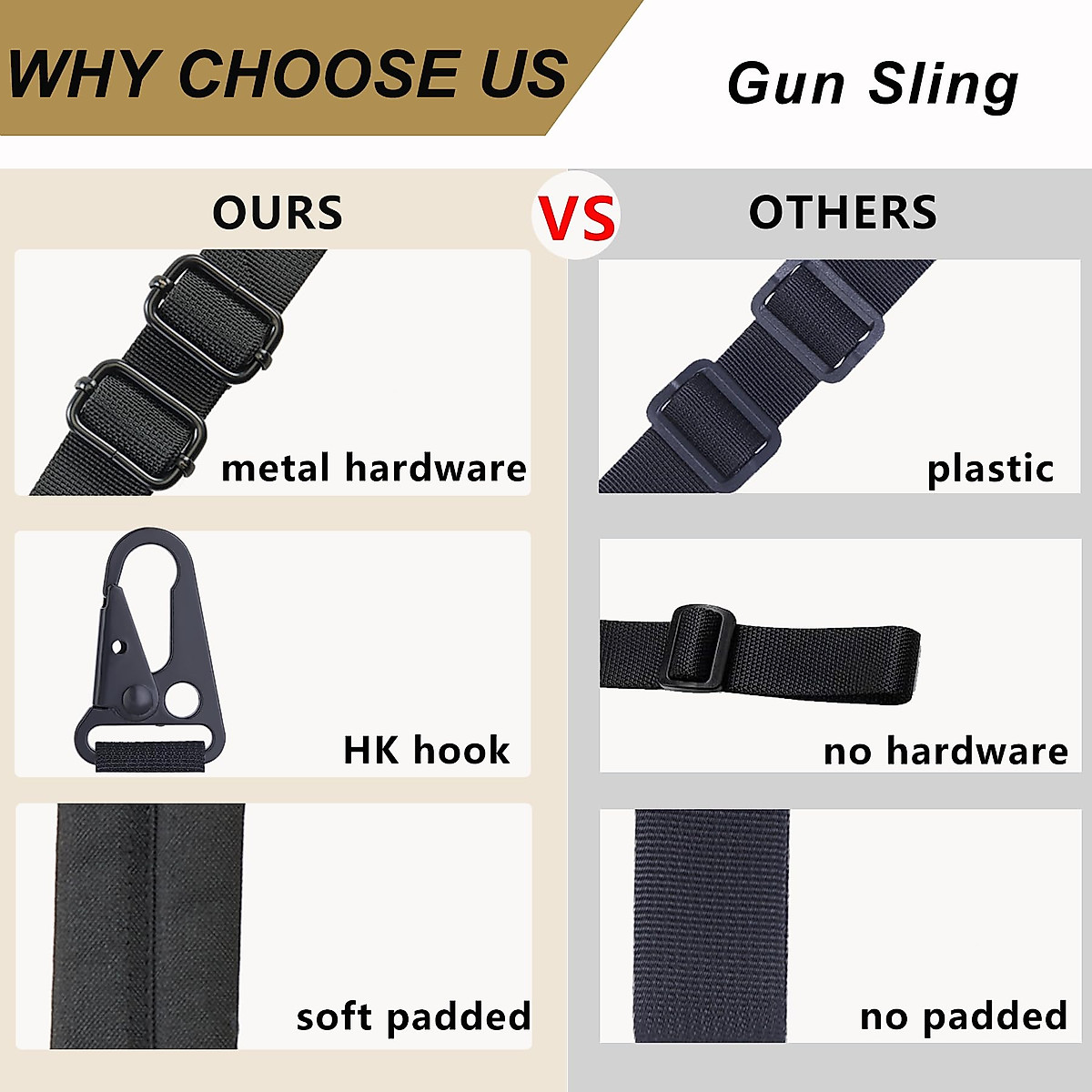 Two Point Traditional Sling Quick Adjust Rifle Sling All Metal Hardware with Wide Padded Shoulder Strap (Black)