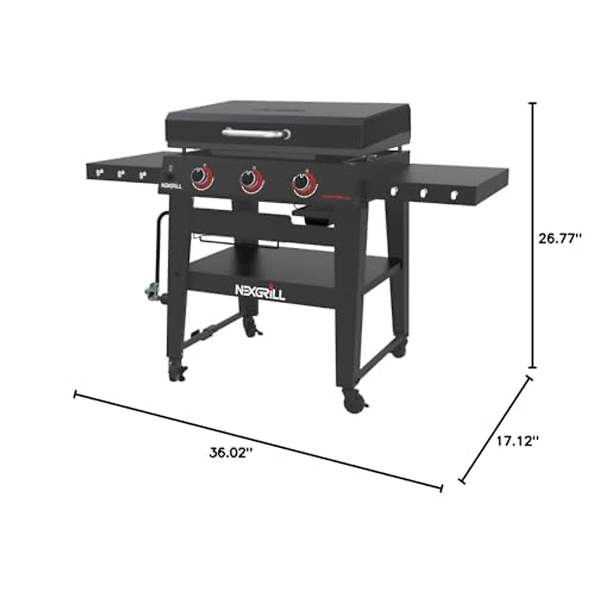 Nexgrill Daytona 3-Burner Propane Gas Griddle with Side Tables, 45000 BTUs Flat Top Grill, 630 SQ. in. Hot Rolled Steel Cooking Space, Outdoor Cooking Barbeque, Black - 720-1057B