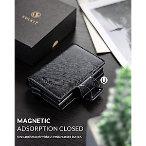 VULKIT Credit Card Holder RFID Blocking Leather Automatic Pop Up Wallet Magnetic Wallet Double Card Case for Men and Women Cross Black