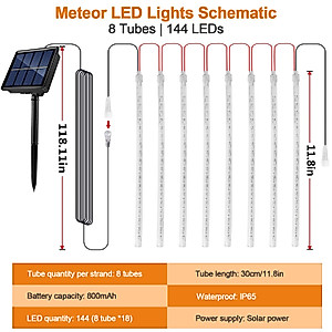 Christmas Decorations, Outdoor Solar Christmas Lights, 12 inch 8 Tube 144 LED IP65 Waterproof Falling Meteor Shower Rain Lights for Holiday Xmas Wedding Party Garden Home Patio Yard Tree Decor (Blue)