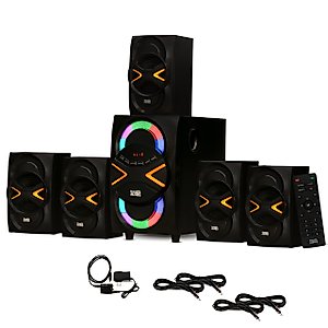 Acoustic Audio AA5210 Home 5.1 Speaker System with Bluetooth, LEDs, FM, Optical Input and 4 Ext. Cables
