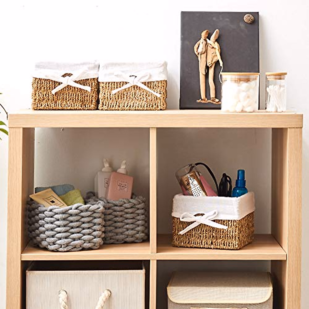 EZOWare Set of 4 Natural Woven Seagrass Wicker Storage Nest Baskets Organizer Container Bins with Liner - Brown (7 x 7 x 5.5 inches)